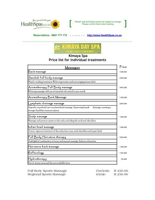 Kimaya Spa Price list for individual treatments - Health Spas Guide