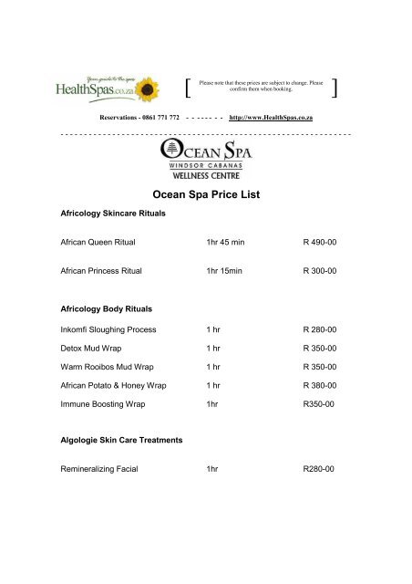 Ocean Spa Price List - Health Spas Guide
