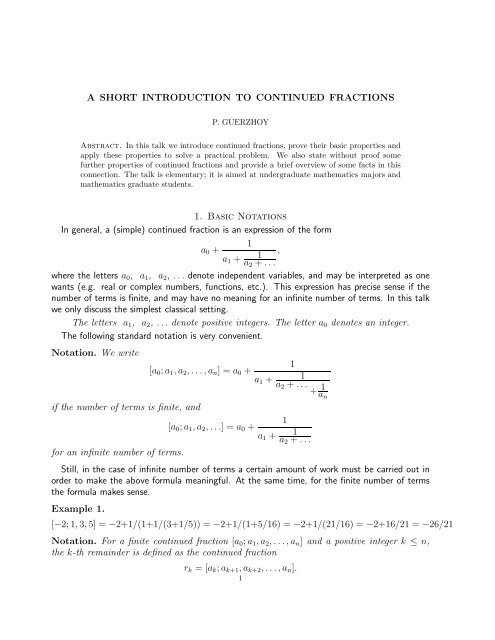 A SHORT INTRODUCTION TO CONTINUED FRACTIONS 1. Basic ...