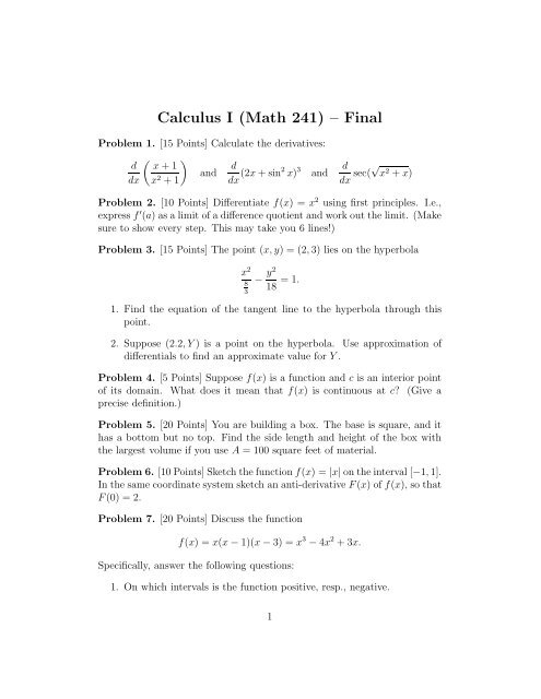 Calculus I (Math 241) – Final