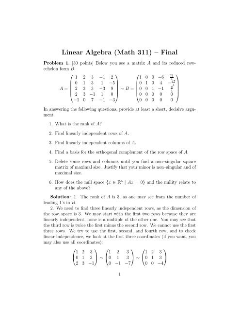 Linear Algebra Math 311 Final