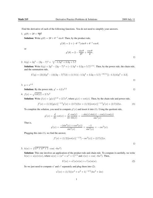 Math 215 Derivative Practice Problems & Solutions 2009 July 11 ...