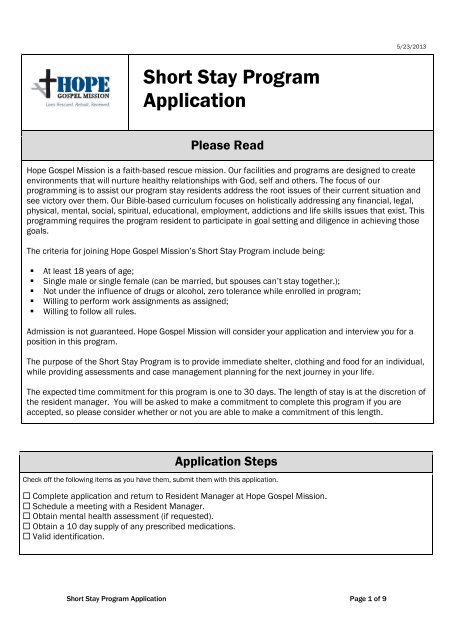 Short Stay Program Application - Hope Gospel Mission