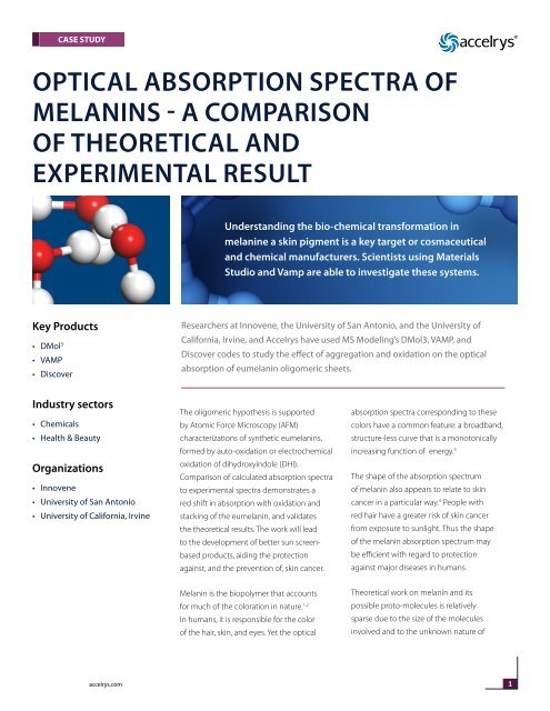 OPtIcal abSOrPtIOn SPectra Of MelanInS - a cOMParISOn ... - Accelrys