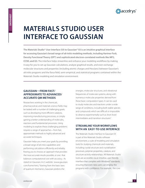 materials studio user interFace to Gaussian - Accelrys