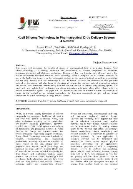Nusil Silicone Technology in Pharmaceutical Drug Delivery System: A Review