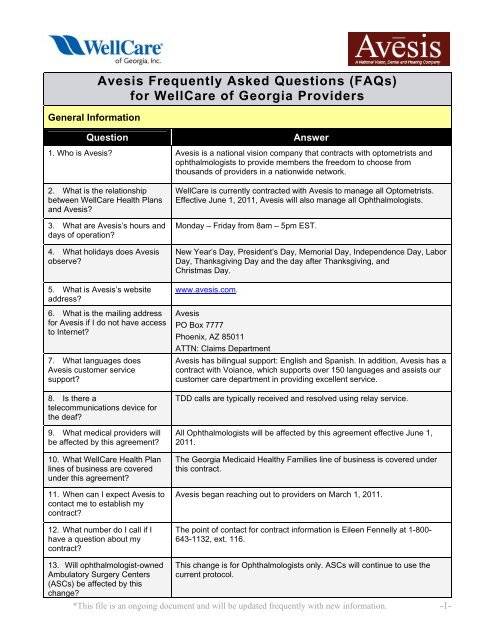 Avesis Frequently Asked Questions (FAQs) - WellCare