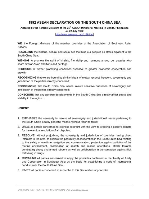 1992 asean declaration on the south china sea - Centre for ...