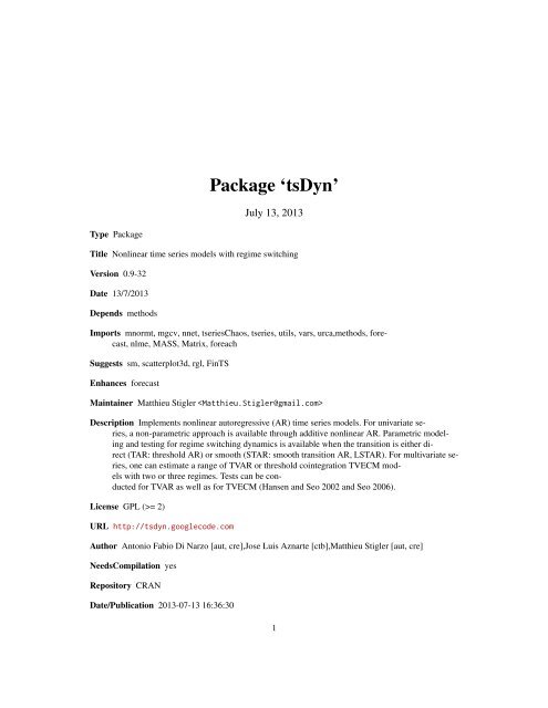 Package 'tsDyn' - The Comprehensive R Archive Network