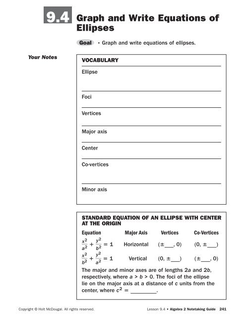9.4 Graph and Write Equations of Ellipses - MathnMind