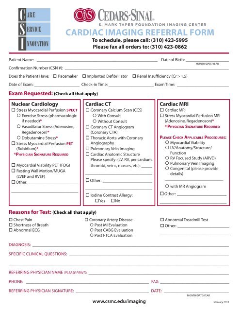 CardiaC imaging referral form - Cedars-Sinai