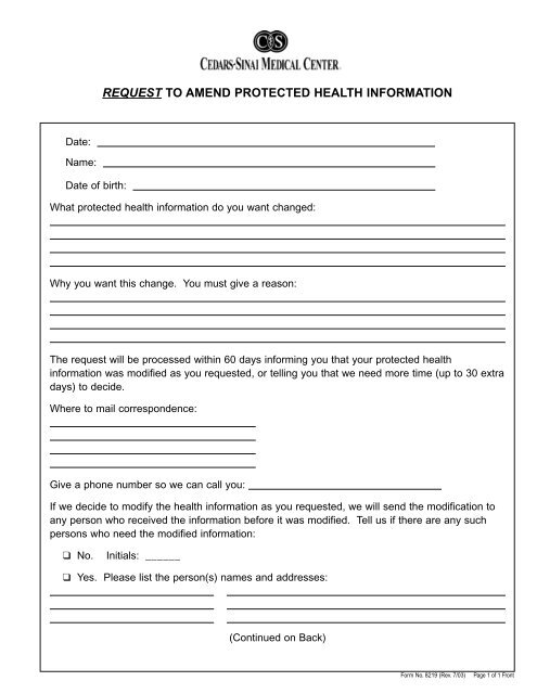 request to amend protected health information - Cedars-Sinai