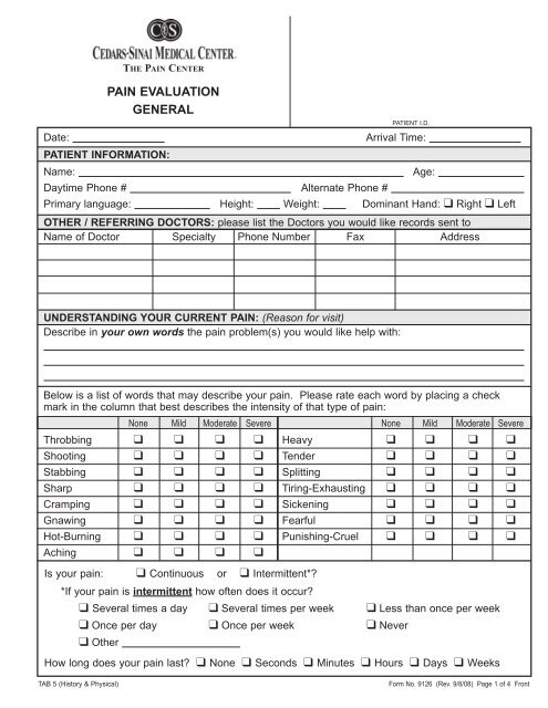Pain Evaluation Form - Cedars-Sinai