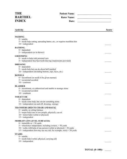 THE BARTHEL INDEX - Internet Stroke Center