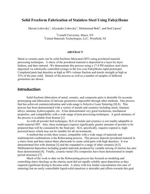 Solid Freeform Fabrication of Stainless Steel Using Fab@Home