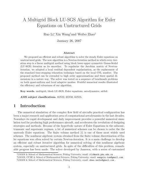 A Multigrid Block Lu Sgs Algorithm For Euler Equations On