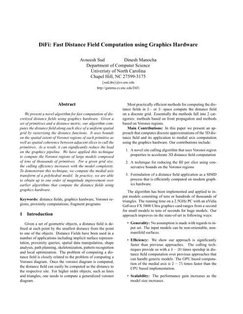 DiFi: Fast Distance Field Computation using Graphics Hardware