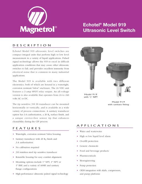 Echotel® Model 919 Ultrasonic Level Switch - Magnetrol International