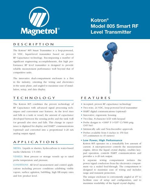 50-160 Kotron Model 805 Smart RF Level Transmitter - Magnetrol ...
