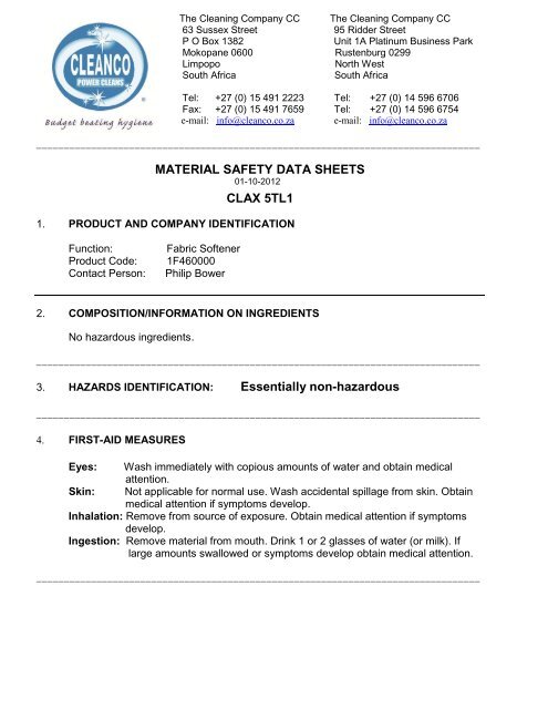 material safety data sheets clax 5tl1 - Cleaning materials, hygiene ...