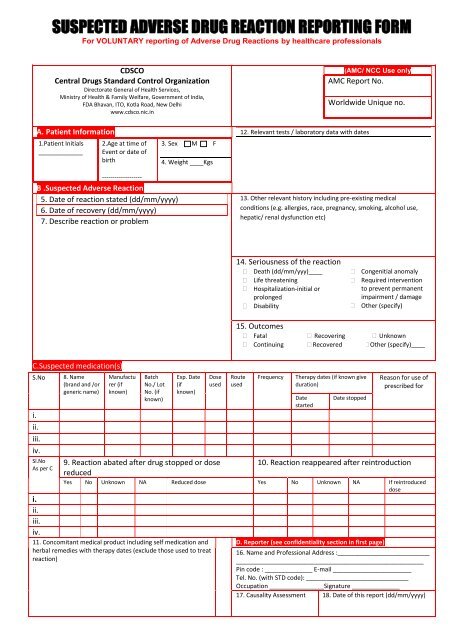 suspected adverse drug reaction reporting form - Central Drugs ...