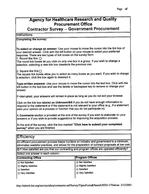 Sample Procurement Performance Contractor Survey