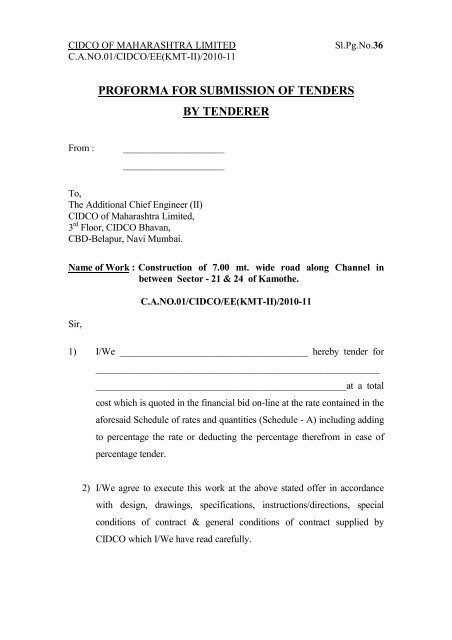 proforma for submission of tenders by tenderer - CIDCO ...