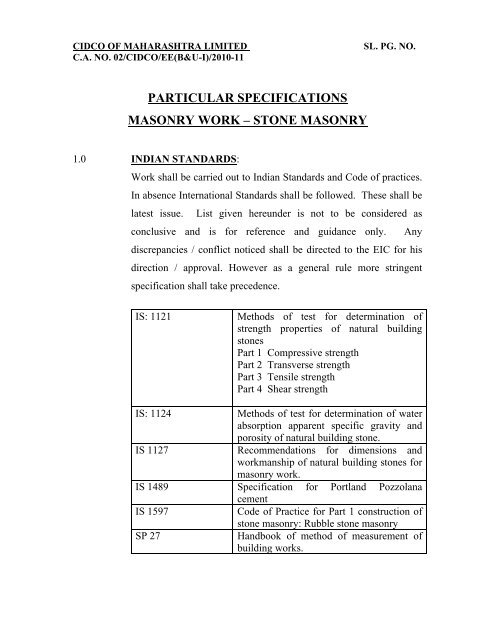particular specifications masonry work - CIDCO Maharashtra Ltd.