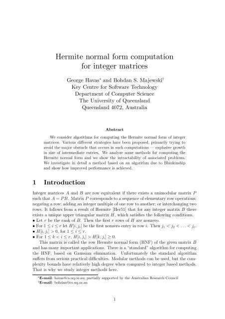 Hermite normal form computation for integer matrices - ITEE ...