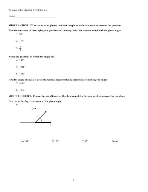 Trigonometry Chapter 1 Test Review ... Trigonometry Chapter 1 Test Review ...