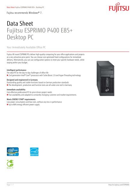 Data Sheet Fujitsu ESPRIMO P400 E85+ Desktop PC