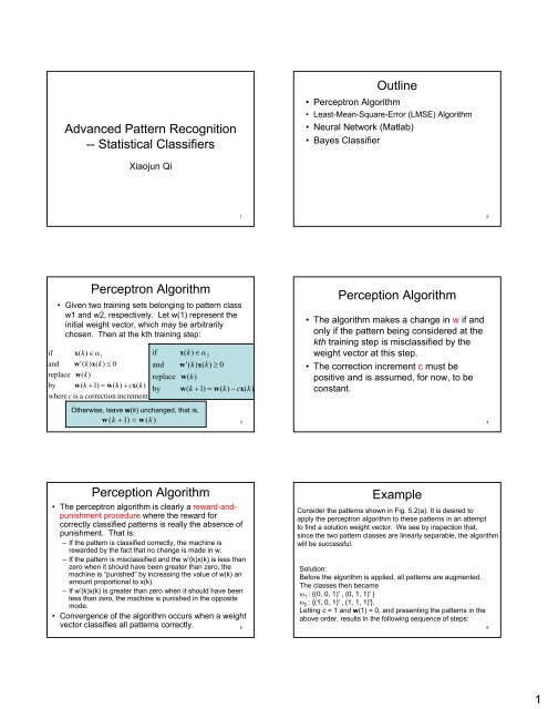 Advanced Pattern Recognition Statistical Classifiers Outline