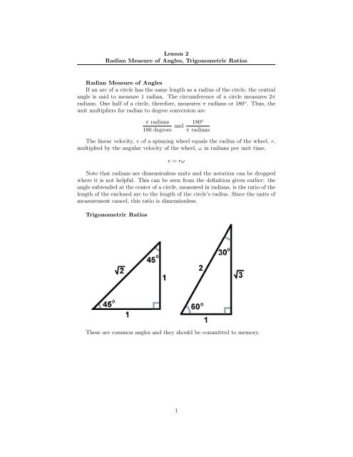 Lesson 2 Radian Measure of Angles, Trigonometric Ratios Radian ...
