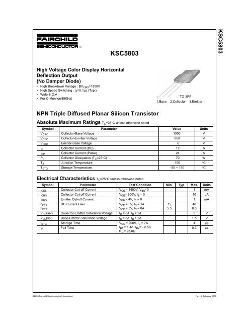 KSC5803 NPN Triple Diffused Planar Silicon Transistor - North