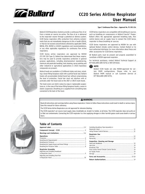CC20 Series airline respirator User Manual - Bullard