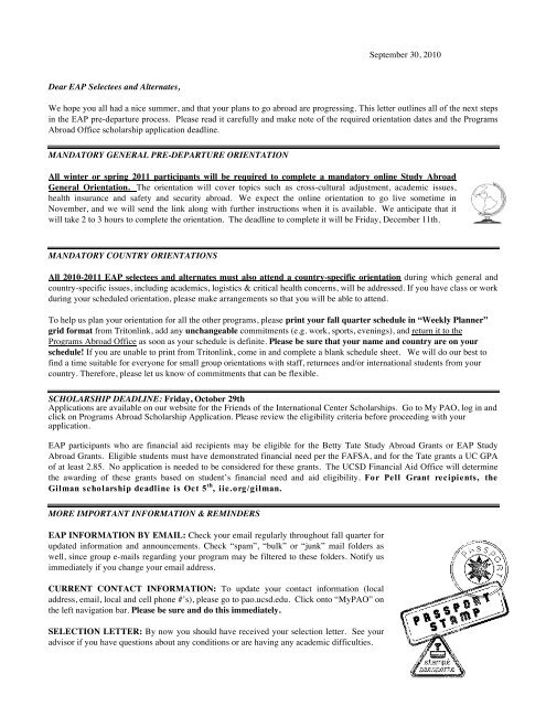 EAP Pre-departure Letter for winter and spring departures