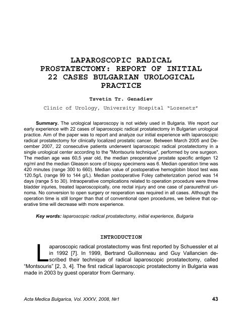 LAPAROSCOPIC RADICAL PROSTATECTOMY: REPORT OF ...