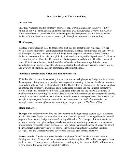 Interface, Inc., and The Natural Step Introduction CEO Ray Anderson ...