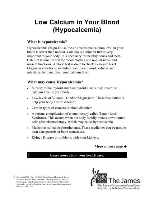 Low Calcium in Your Blood: Hypocalcemia - Patient Education Home