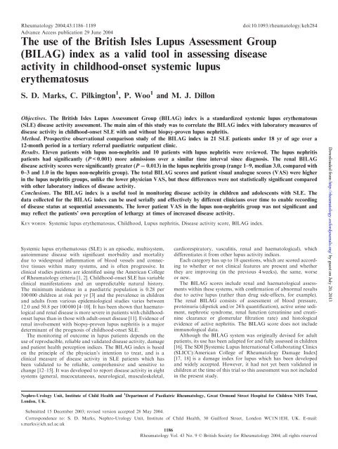 The use of the British Isles Lupus Assessment Group (BILAG) index ...