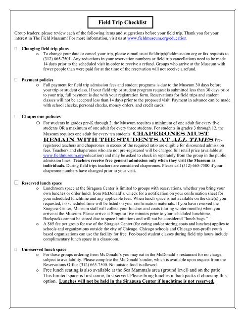 Field Trip Checklist - The Field Museum