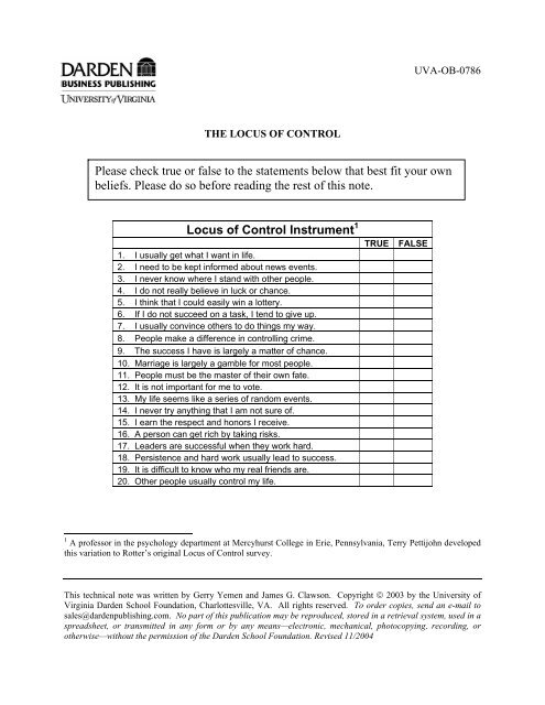 Locus of Control Instrument Please check true or false to the ...