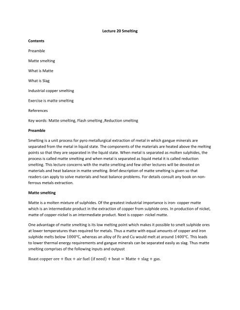 Lecture 20 Smelting Contents Preamble Matte smelting What ... - nptel