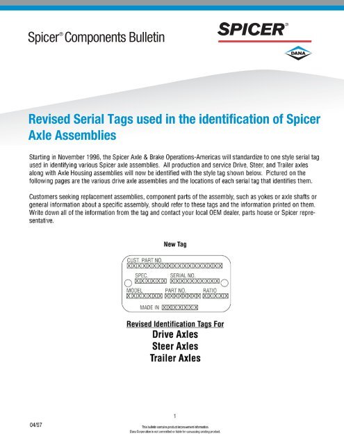 Revised Serial Tags used in the Identification of Spicer Axle ...