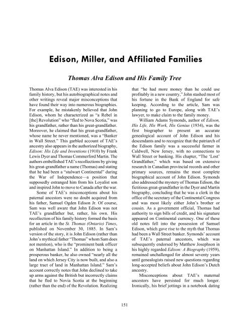 Edison, Miller, and Affiliated Families - The Thomas A. Edison Papers