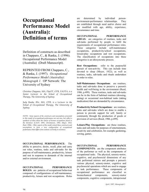Occupational Performance Model (Australia): Definition of terms