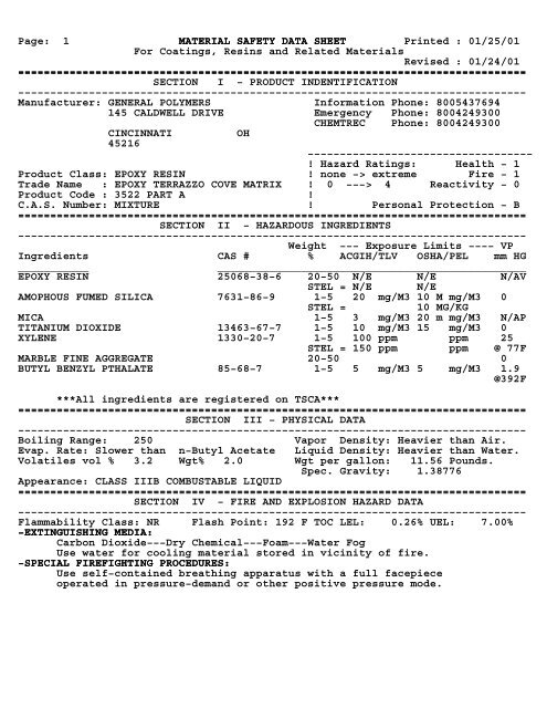 1 MATERIAL SAFETY DATA SHEET MATERIAL ... - General Polymers
