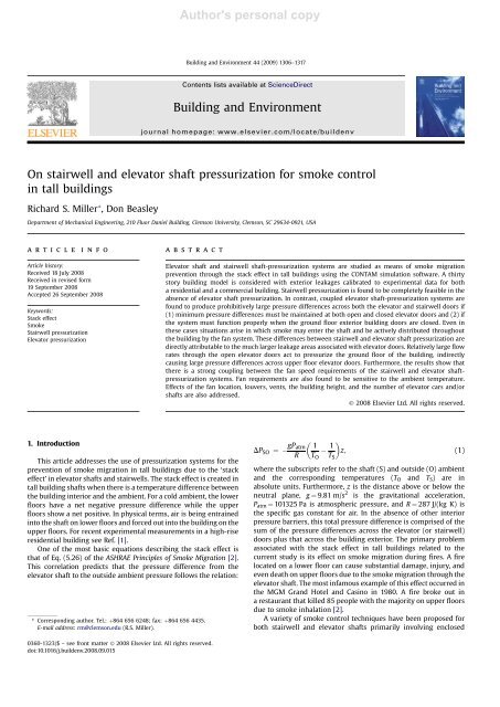On Stairwell and Elevator Shaft Pressurization for Smoke Control in ...