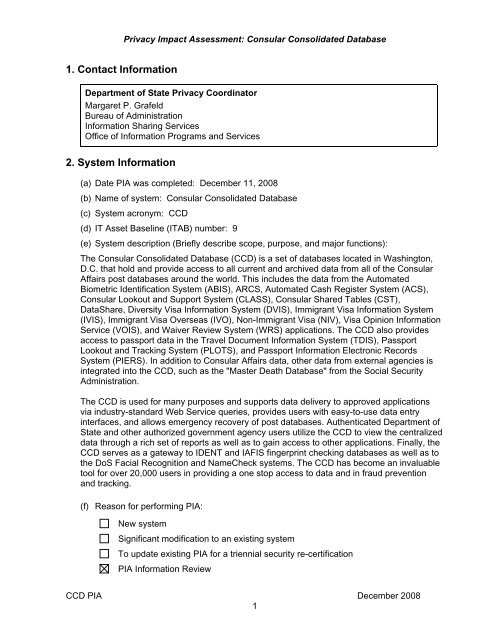 Consular Consolidated Database (CCD) PIA - US Department of State