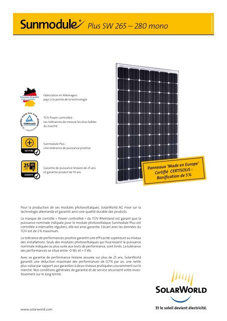 Sunmodule Plus SW 265-280 Mono - SolarWorld AG